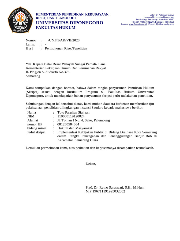 Surat Ijin Riset - Pelaksana Jaringan sumber air | PDF Surat Ijin Riset - Pelaksana Jaringan sumber air | PDF