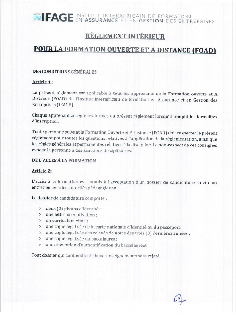 Règlement Intérieur FOAD | PDF
