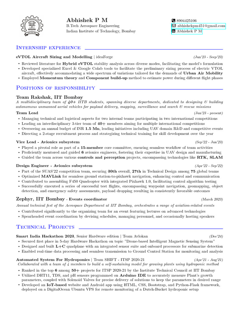 Abhishek P M: Aerospace Engineering Profile | PDF