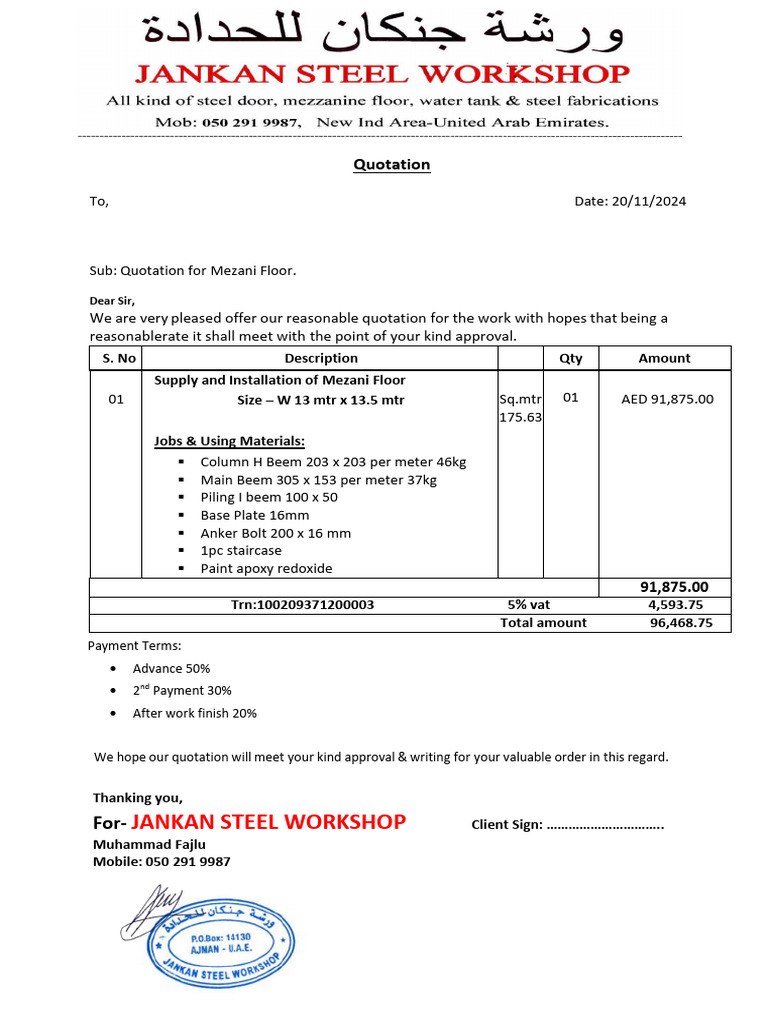 Quotation for Mezani Floor Installation | PDF