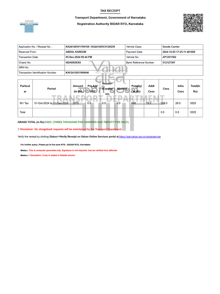 Tax Receipt Transport Department, Government of Karnataka Registration ...