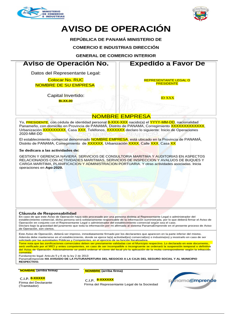 Aviso de Operación en Panamá | PDF | Panamá | Documento de identidad