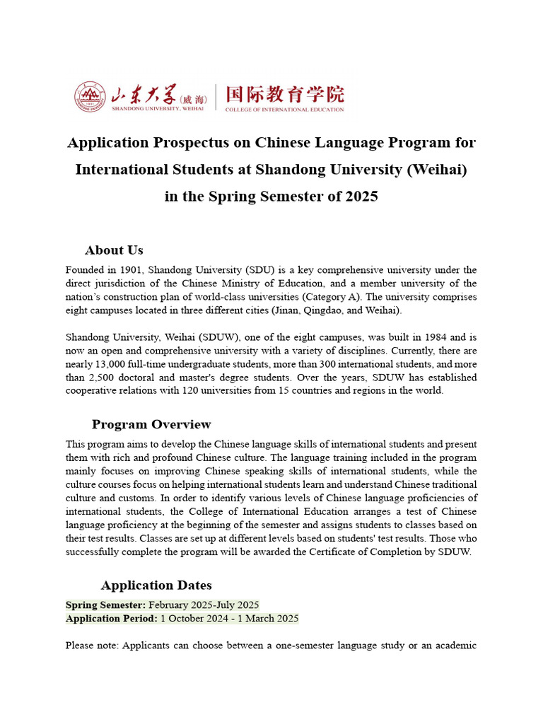 Application Prospectus On Chinese Language Program For International ...