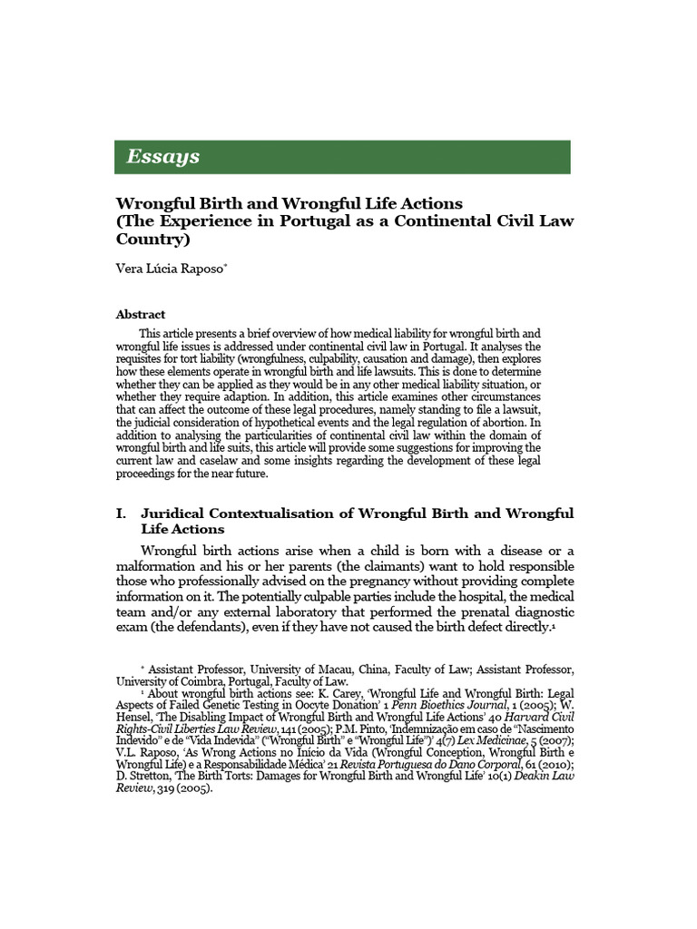Wrongful Birth and Wrongful Life Actions, The Experience in Portugal As ...