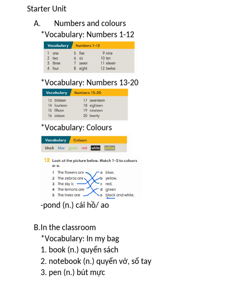 Starter Unit Numbers Colours Things | PDF