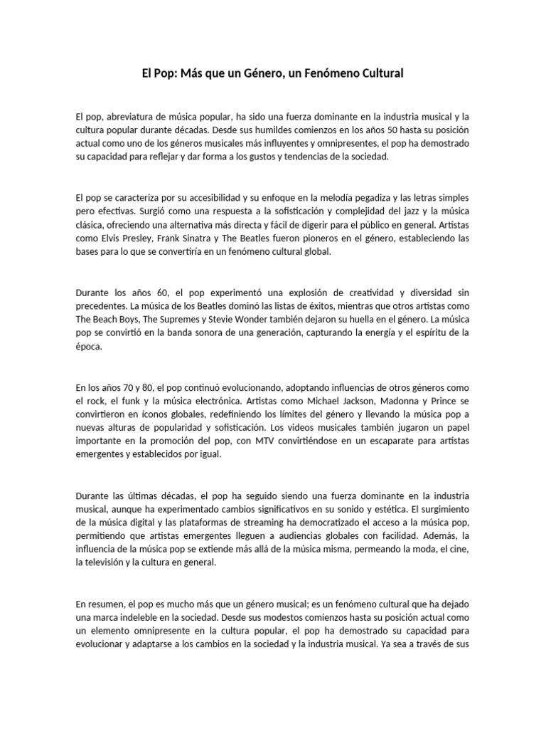 El Pop Más Que Un Género, Un Fenómeno Cultural | PDF | Música pop ...