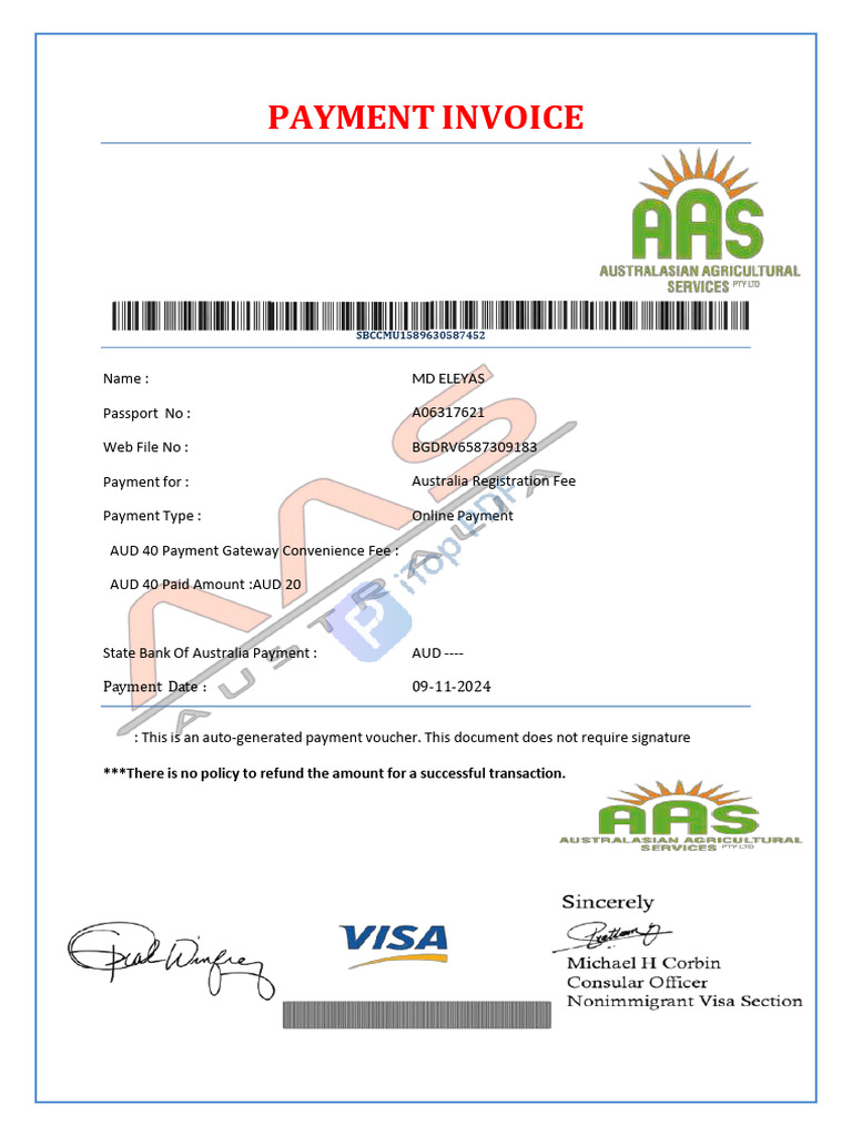 Azizur Rahman Kuddus-Australian Payment Invoice | PDF
