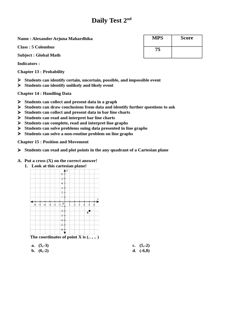 Daily Test 2nd (Global Math) Semester | PDF | Cartesian Coordinate System