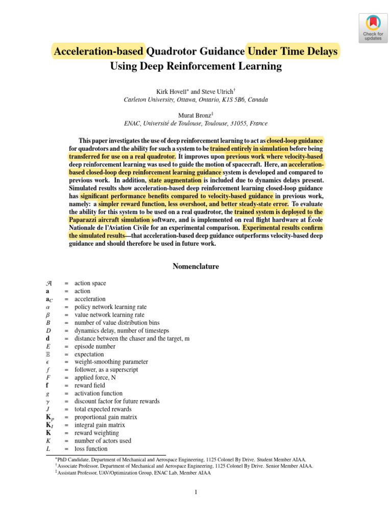 Acceleration-Based Quadrotor Guidance Under Time Delays Using Deep Reinforcement Learning | PDF ...