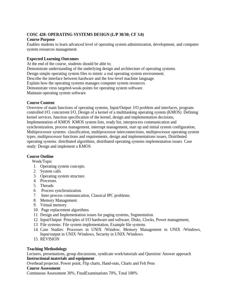 Cosc 428 Operating Systems Design Outline | PDF | Operating System | Process (Computing)