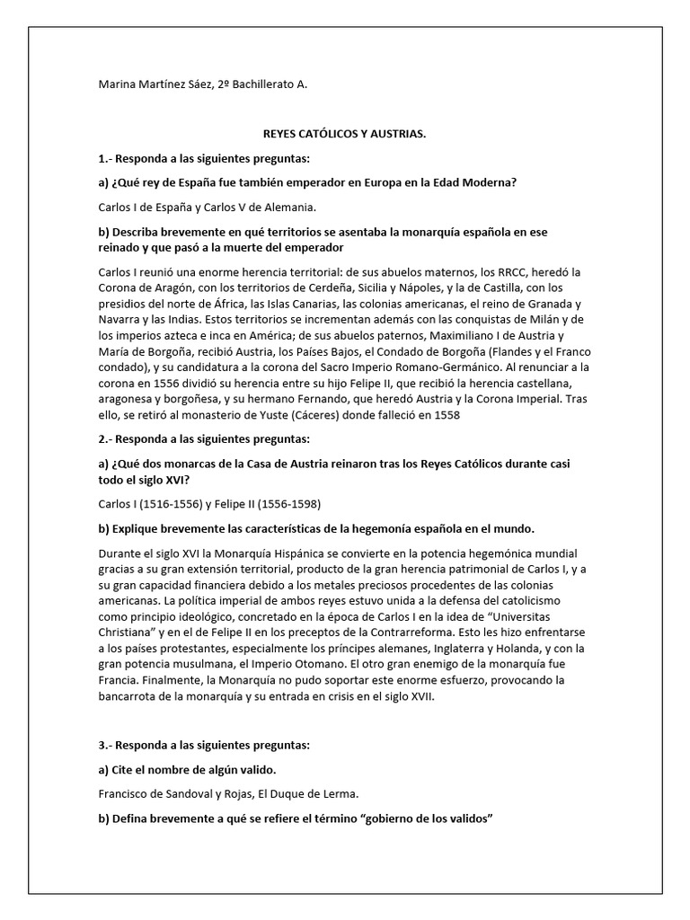 Reyes Católicos, Austrias Mayores y Austrias Menores. TEMA 3,4 Y 5 PREGUNTAS | PDF | Imperio ...