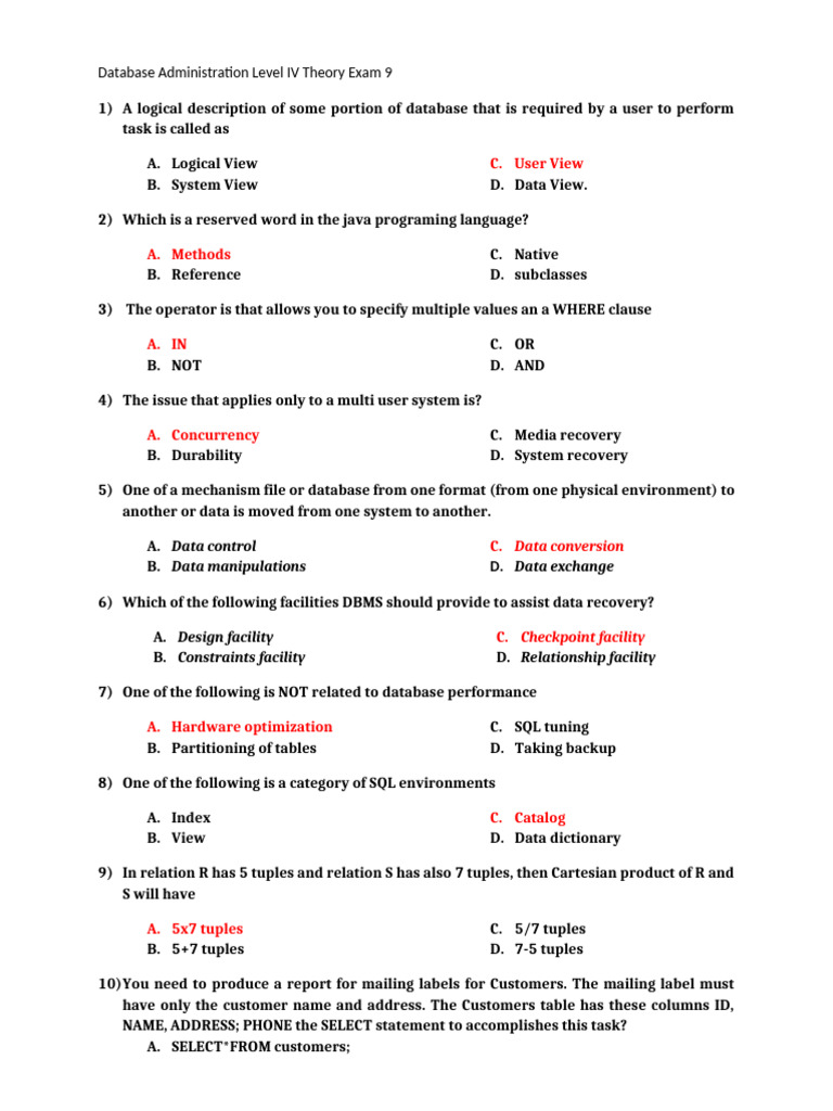 Database Administration Level IV Theory Exam 9 | PDF | Databases | Database Transaction
