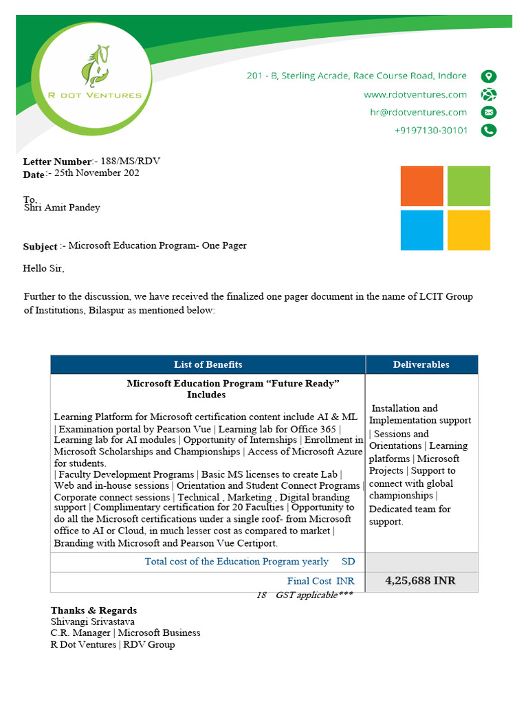 One Pager LCIT Bilaspur | PDF