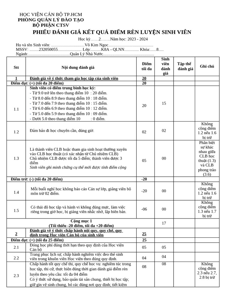 Bm02-Phieu Điểm Rèn Luyện Sinh Viên Hvcb | PDF