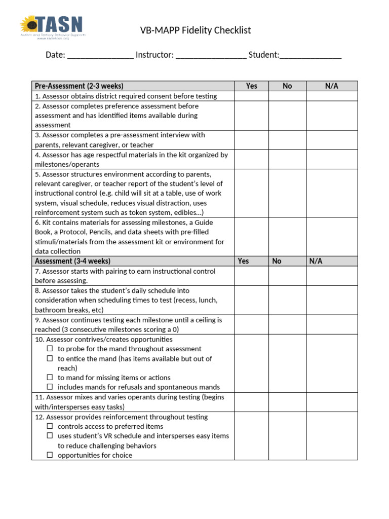 VB-MAPP Fidelity Checklist Revised | PDF | Behavior Modification ...