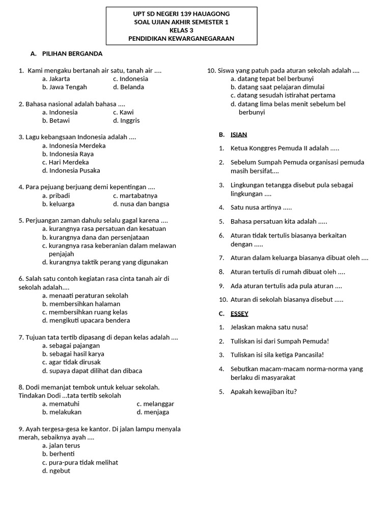 Soal PKN Kelas 3 | PDF