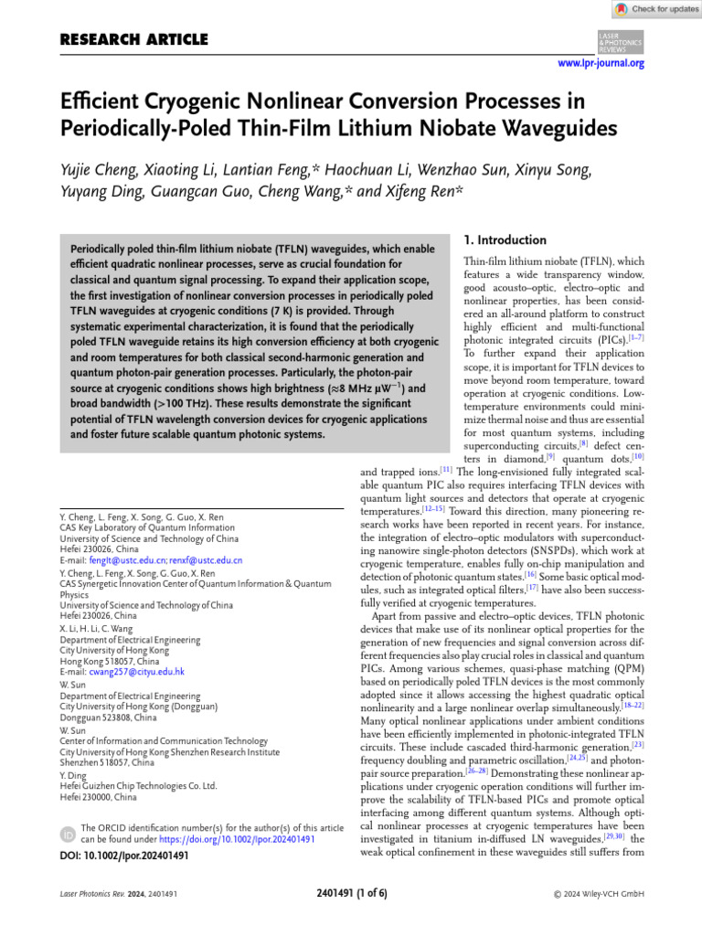 Efficient Cryogenic Nonlinear Conversion Processes in Periodically‐Poled Thin‐Film Lithium ...