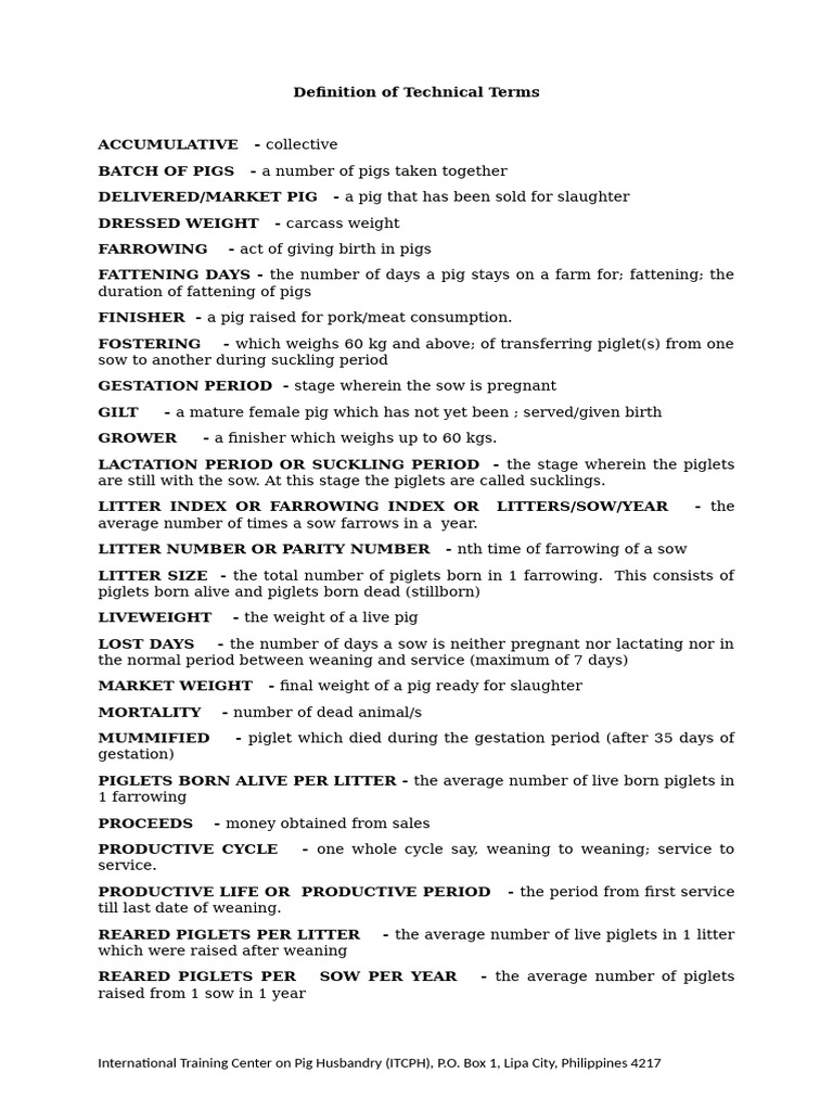 Definition of Swine Technical Terms | PDF | Pig | Livestock