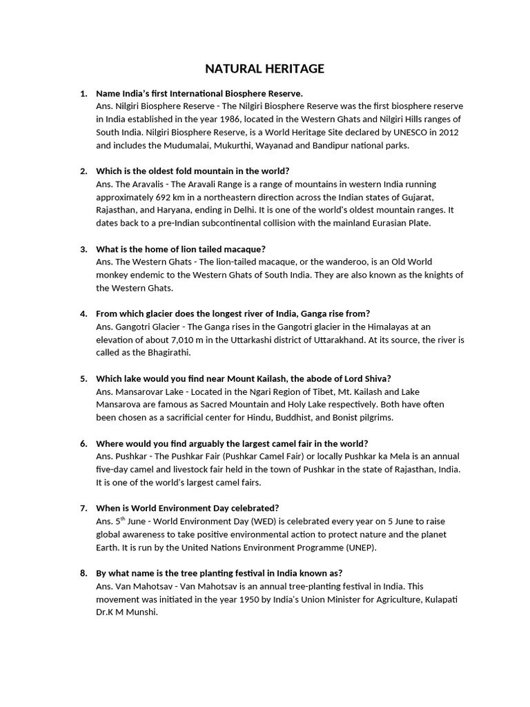 Sample Heritage Quiz Questions For Schools. | PDF