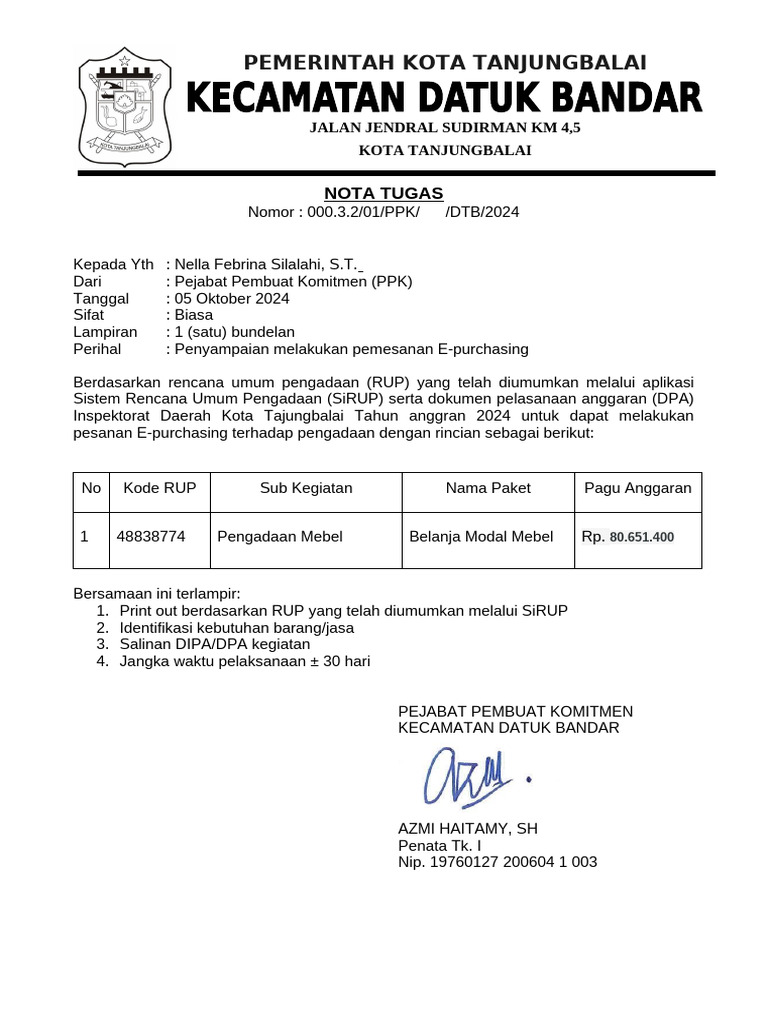 Nota Dinas Pengadaan BM Mebel | PDF