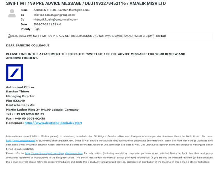 Sent - Swift MT 199 Pre Advice Message - Deut993278453116 - Amaeir Misr ...
