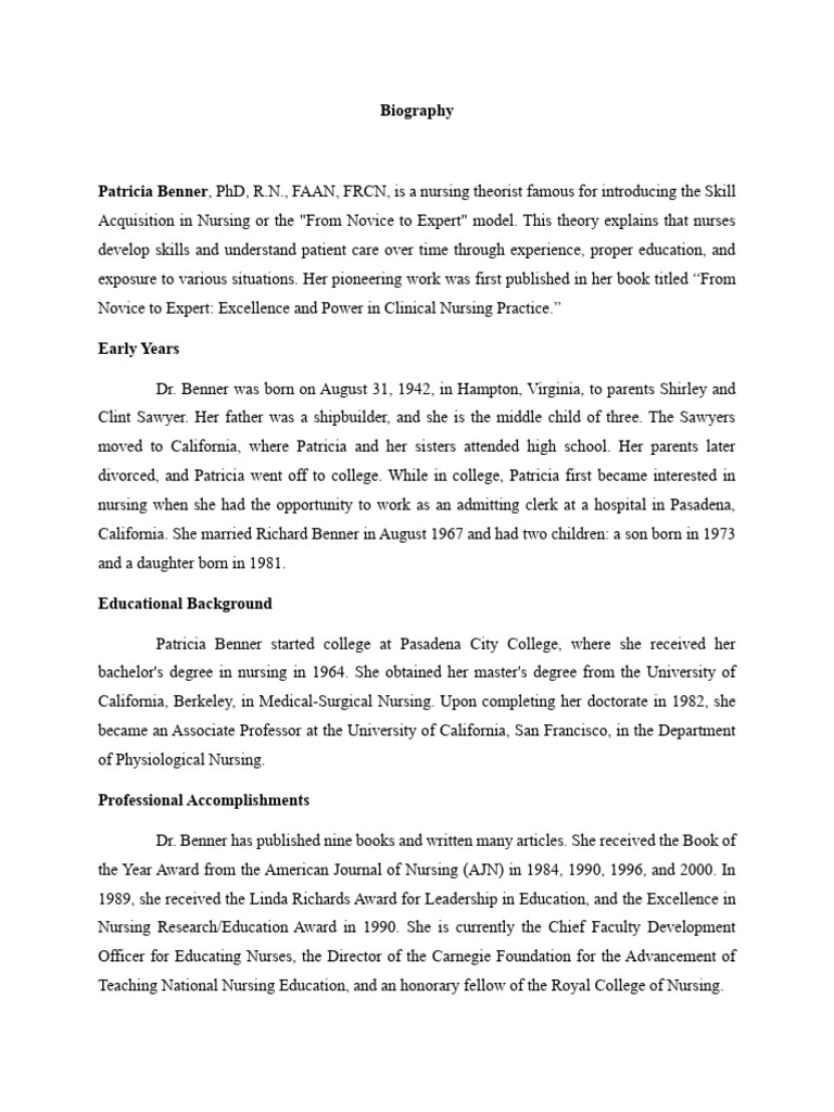Biography of Patricia Benner | PDF | Cognition | Psychology