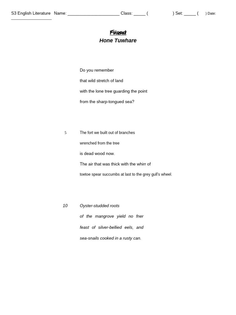 "Hone Tuwhare's 'Friend': A Poetic Reflection" | PDF