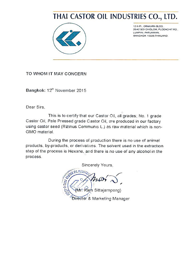 Statement Letter Non Animal Alcohol Castor Oil | PDF