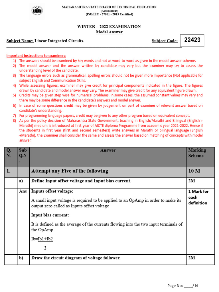 Winter 2022 Model Answers: Linear Circuits | PDF | Operational ...