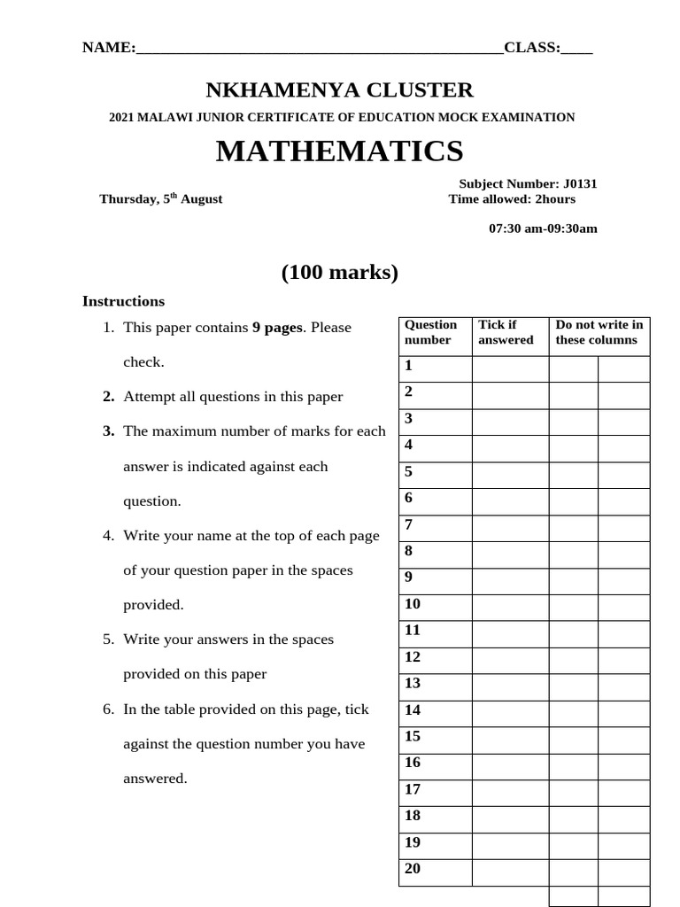 2021 Jce Mathematics Cluster | PDF | Area | Mathematics