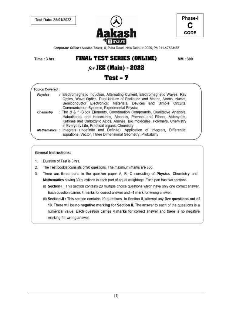 FTS-7 - JEE (Main) - Phase-1 - 25-01-2022 Final | PDF | Inductor ...