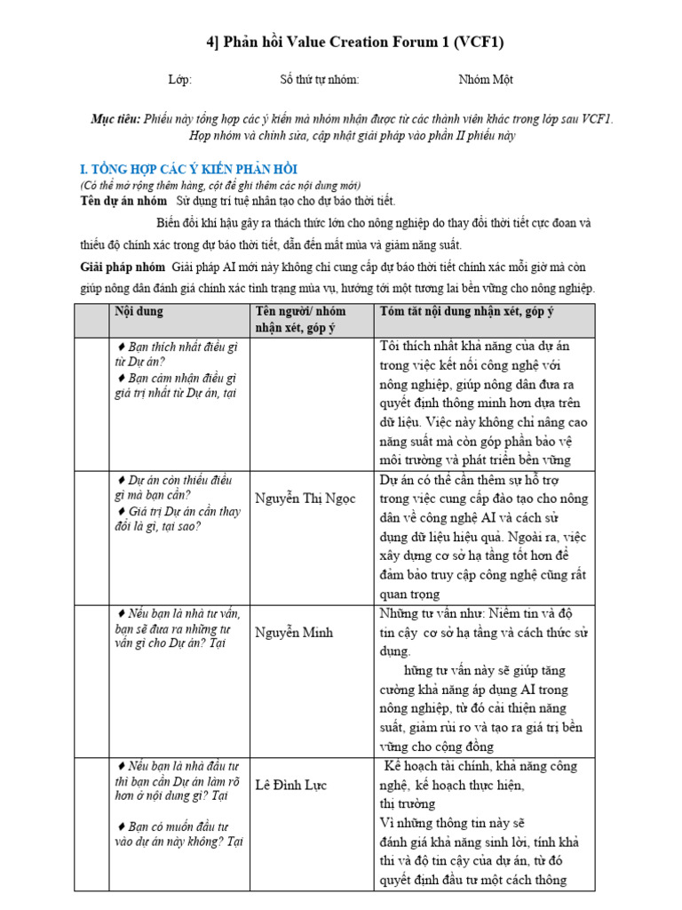 (7T-4) - Phản hồi Value Creation Forum 1 (VCF1) - Nhóm 1 | PDF