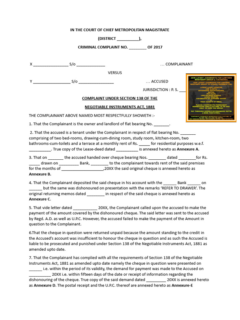 Criminal Complaint Under Section 138 NI Act | PDF | Cheque | Public Law