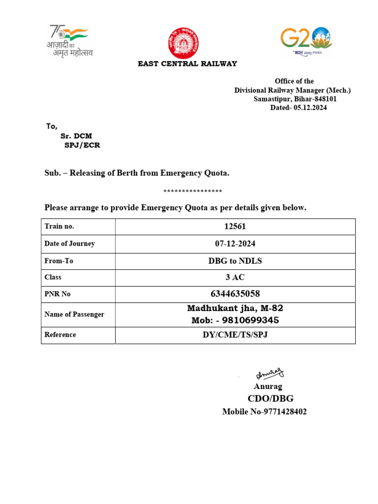 Railway Emergency Quota Release | PDF