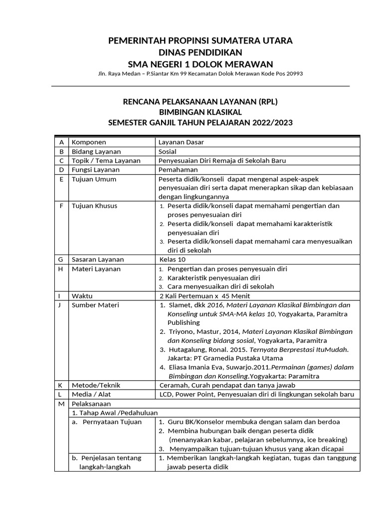 RPL PENYESUAIN DIRI REMAJA DI LINGKUNGAN SEKOLAH BARU (Ganjil) Ok 2022 ...