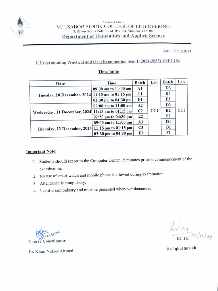 C programming Practical and Oral exam Schedule | PDF