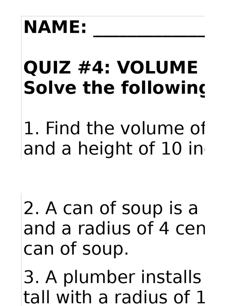 Quiz #4-Volume of A Cylinder | PDF
