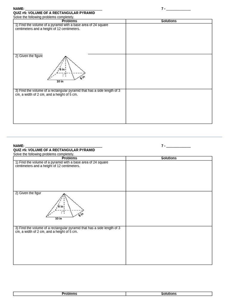 Quiz #5-Volume of A Rectangular Pyramid | PDF