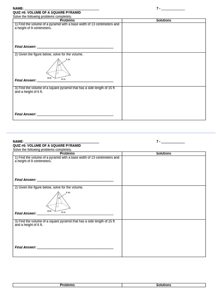 Quiz #6-Volume of A Square Pyramid | PDF | Volume | Area