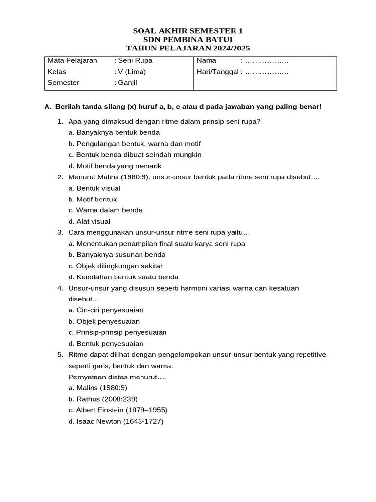 Soal SAS Seni Rupa Kelas 5 | PDF