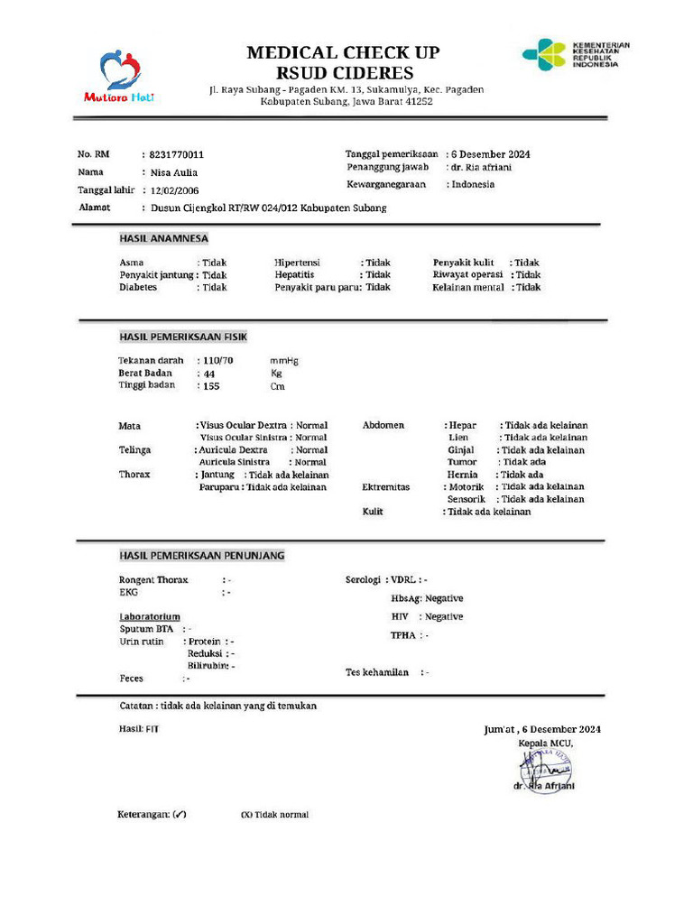 Hasil Medichal Chek Up_Nyonya Nisa Aulia | PDF