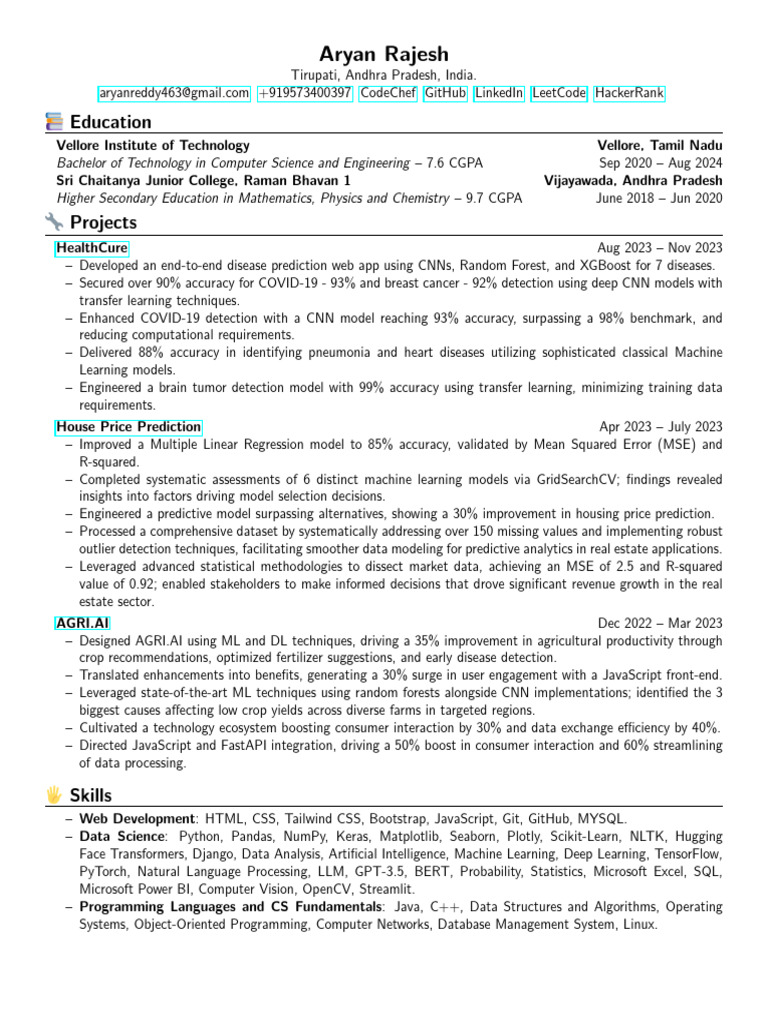 Aryan_Rajesh_Resume | PDF | Machine Learning | Mean Squared Error