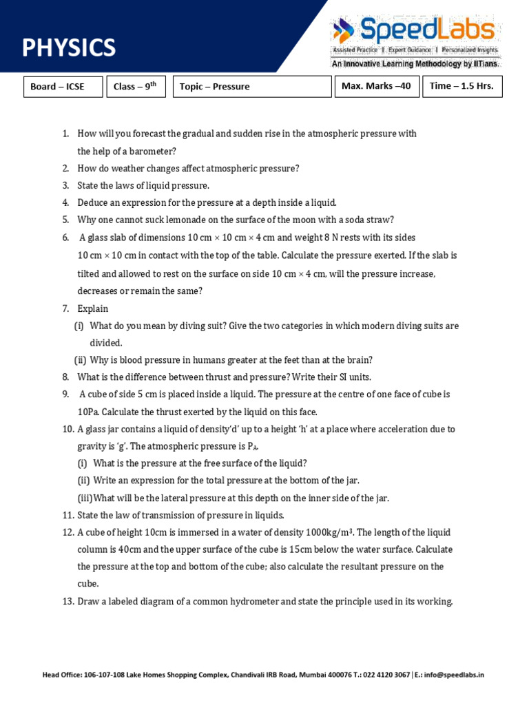 Pressure in Fluids and Atmospheric Pressure - Important Qs - Important Questions - ICSE | PDF