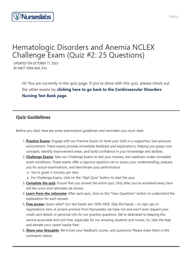 Hematologic Disorders and Anemia NCLEX Challenge Exam (Quiz #2 - 25 ...