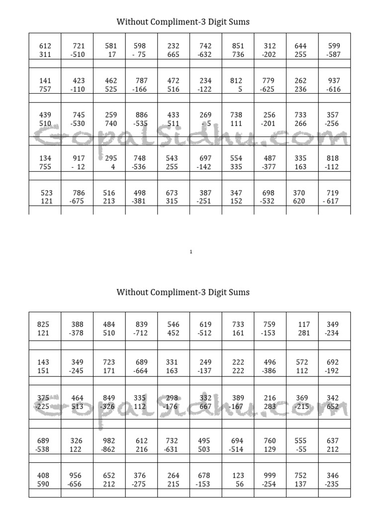 Without Compliment 3 Digit Sums | PDF