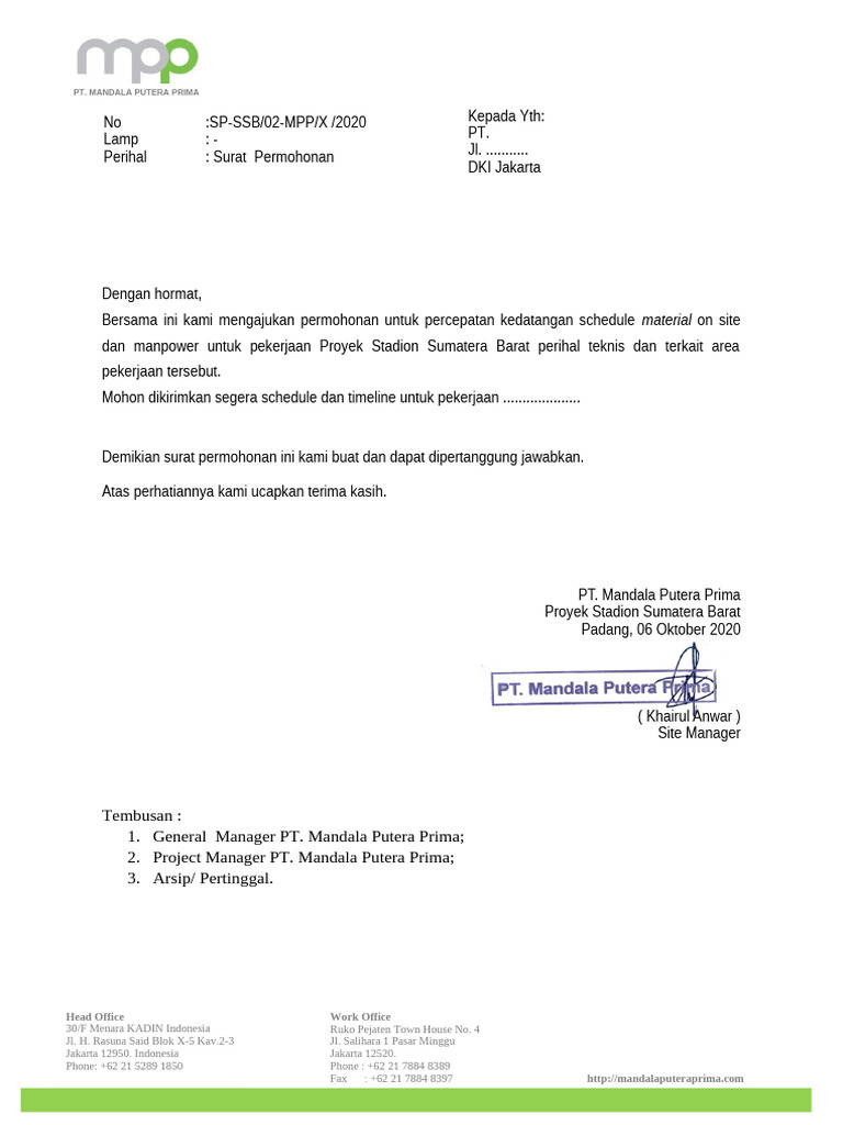 Surat Permohonan Percepatan Kedatangan Material Dan Manpower | PDF
