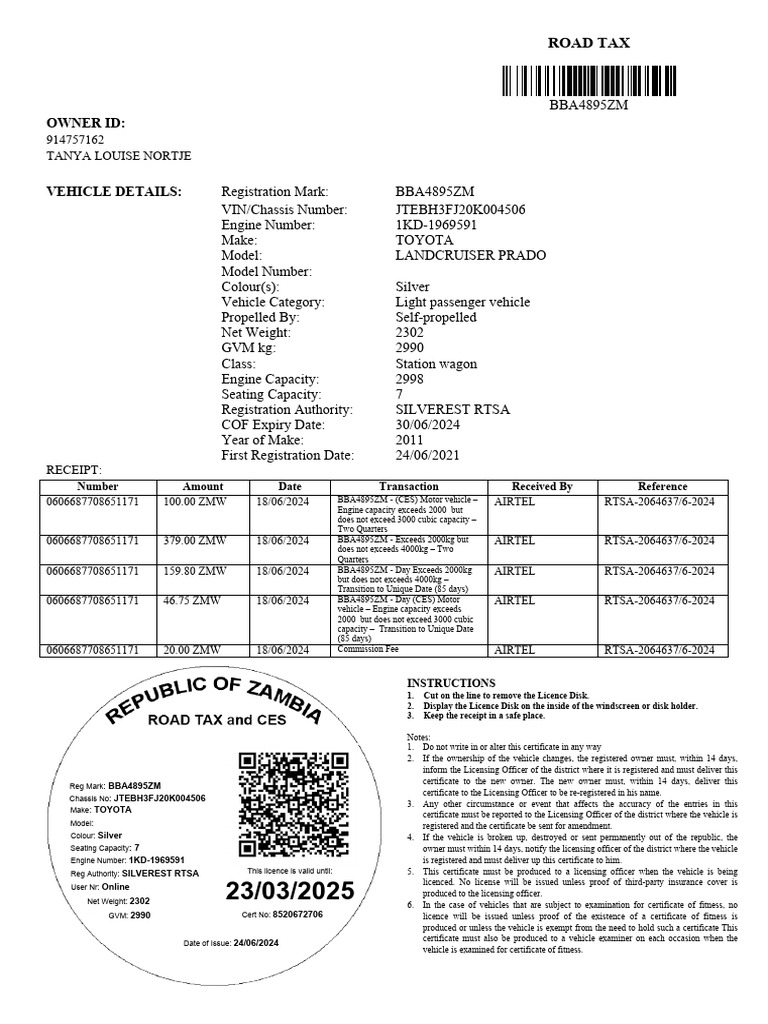 RTSA Road Tax Certificate 2024 | PDF | Vehicles | Transport