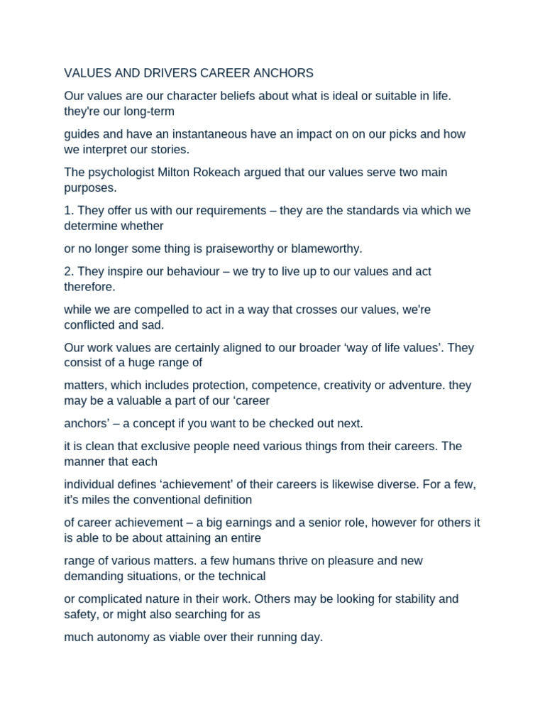 VALUES AND DRIVERS CAREER ANCHORS | PDF | Motivational | Motivation