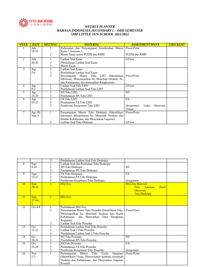 Weekly Planner Bahasa Indonesia Semester 1 Sec-1 | PDF