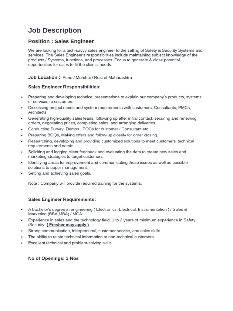 JD - Sales Engineer | PDF